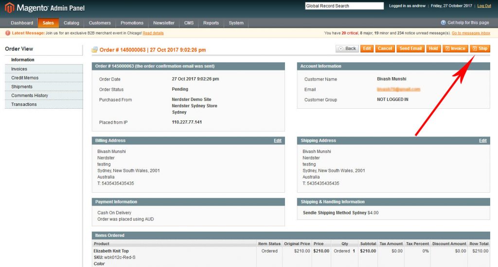 How to Create shipment in magento